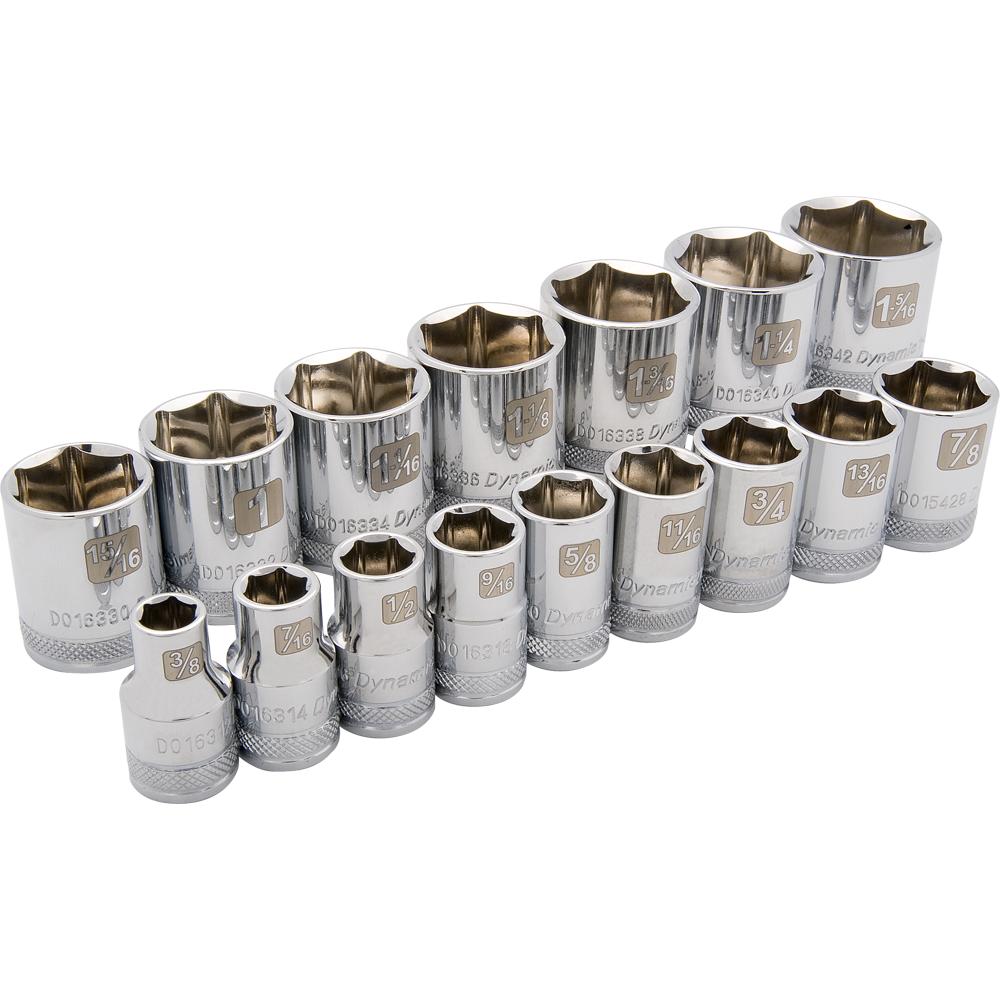 DYNAMIC Socket Set 6 Point SAE 1/2" Drive 16 Piece - Contractor Cave Tools