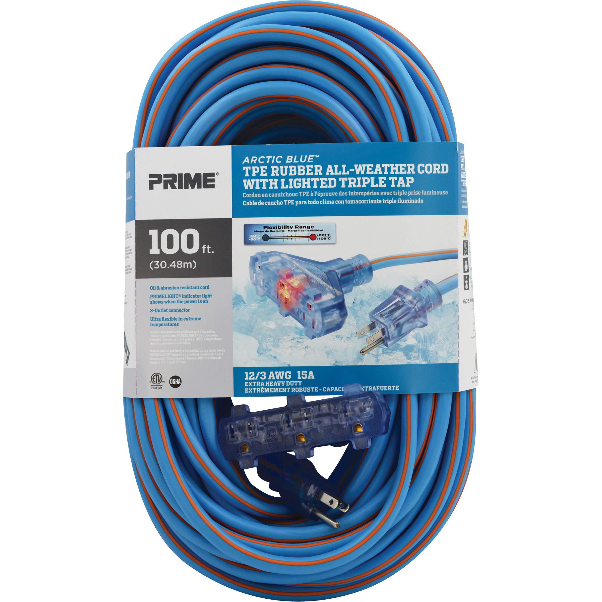 PRIME Arctic Blue™ All-Weather 100 Ft Extension Cord 12/3 Triple Tap ...